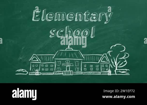 School building and lettering Elementary school on blackboard. Hand ...