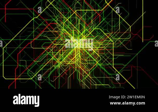 Abstract technological pipeline movement on black screen background. Animation. Yellow, green ...