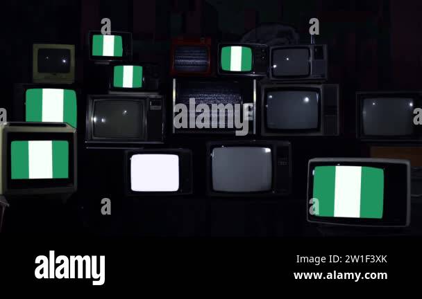 Nigerian Flags and Retro TVs with Color Bars. Blue Dark Tone Stock ...