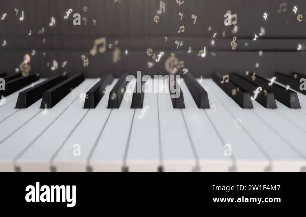 Background with animation of piano keys and flying symbols of music ...
