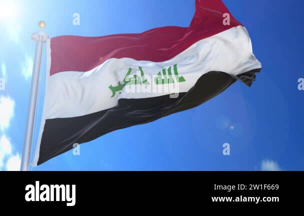 Iraq animated flag in the wind with blue sky in the background, green ...
