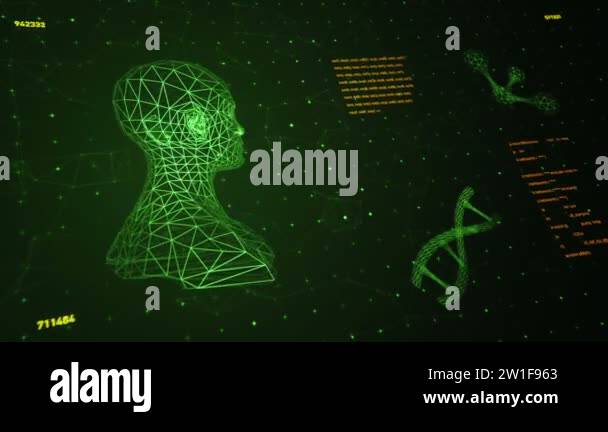 Background with animation of abstract interface. Human body, DNA ...