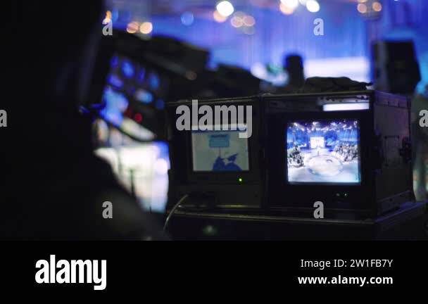 Monitor monitors in a TV studio during TV recording. Control room Stock ...