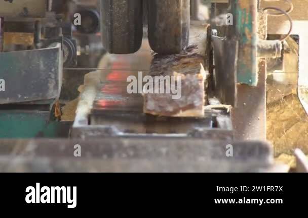 Sawing machine at wood production factory. Timber material processing ...