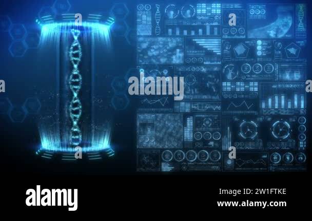 DNA helix molecule loop animation. DNA chromosome concept. Hologram elements of digital data ...