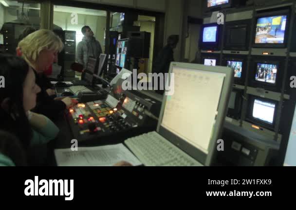 Monitor monitors in TV studio during tv ether. Control room Stock Video ...