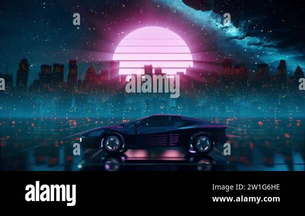 80s retro futuristic drive seamless loop. Stylized sci-fi city in ...