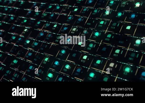 Digital display with green rows of small same size microchips with ...