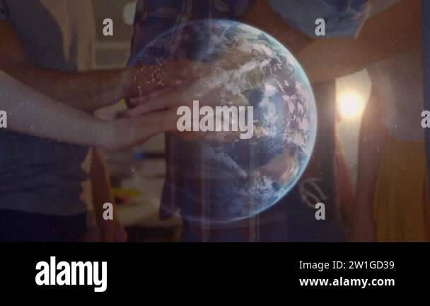 Animation of a globe spinning with a mid section of group of male and ...