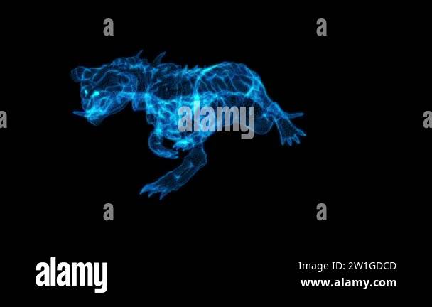 3d wire frame animation of mythical beast animal is running on black ...