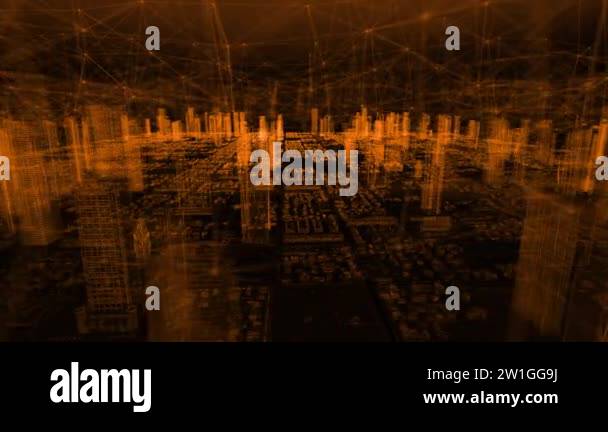 Camera moving around buildings. Wireless communication network concept ...