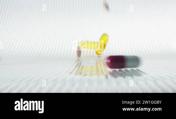Pills of different types falling and rolling in different directions on ...