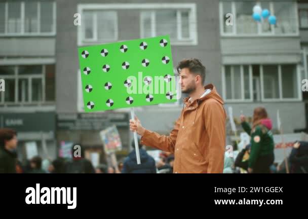Worker strike. Human with blank banner. Background of crowd of people ...