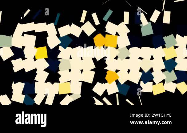 Pixel art, many squares of different colors turning and moving on black background, seamless ...