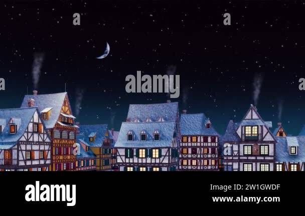 Rooftops with smoking chimneys of traditional half-timbered european ...