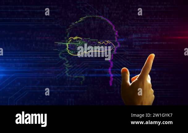 Cyber privacy futuristic 3D rendering animation. Hand finger touch the ...