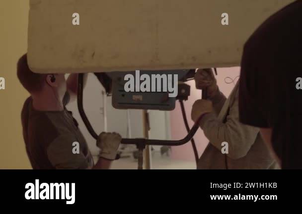 Lighting on the set of the film during filming. Filmmaking. Shooting ...