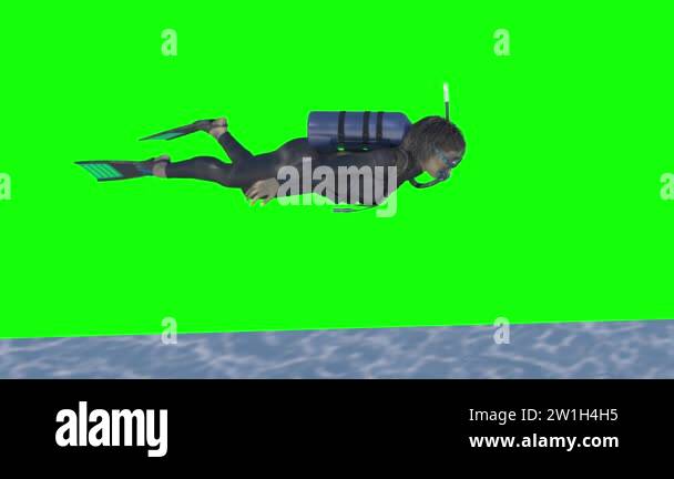 Diver woman Swimcycle Scuba Diving Cylinders Side Green Screen 3D ...