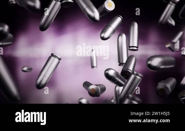 Animation falling of bullets different calibers on dark and blurred ...