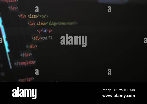 The programming process shown on a big black pc screen with many signs Astonishing view of the ...