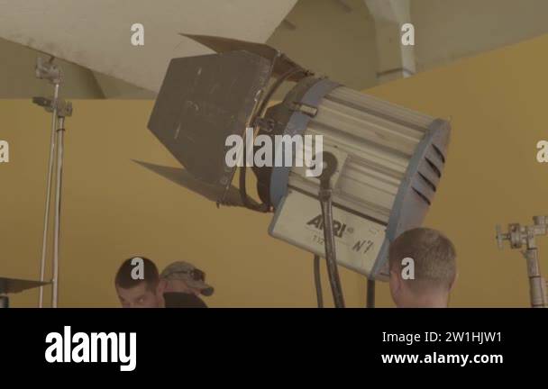 Lighting on the set of the film during filming. Filmmaking. Shooting ...