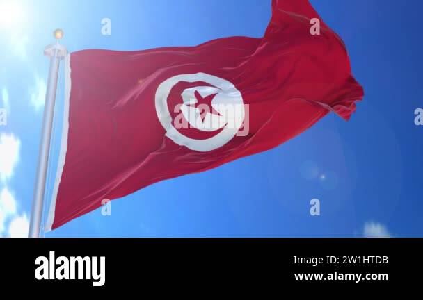 Tunisia animated flag in the wind with blue sky in the background ...