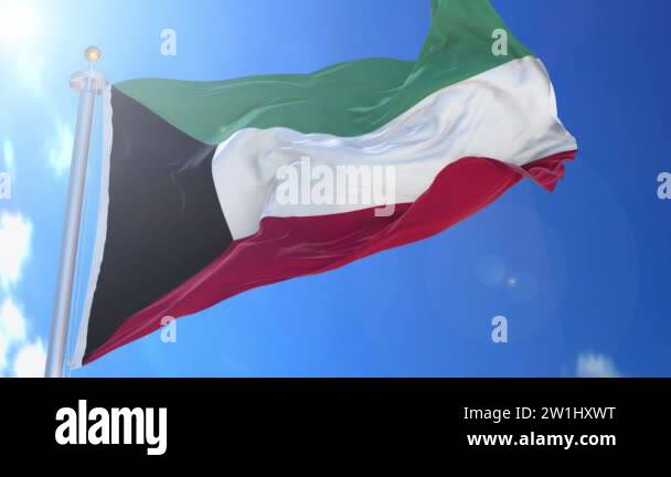 Kuwait animated flag in the wind with blue sky in the background, green ...