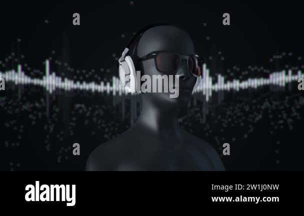 abstract 3d model of human in eyeglasses and headphones listening to ...