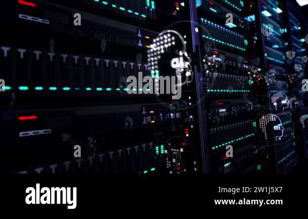 Modern servers room with symbols of artificial intelligence, neural network computer ...