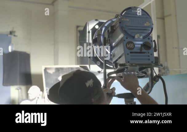 Lighting on the set of the film during filming. Filmmaking. Shooting ...