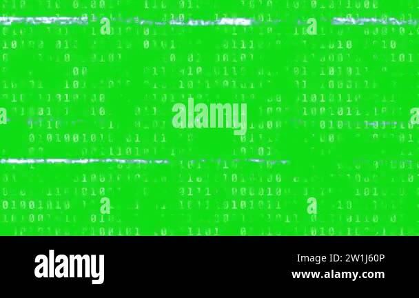 Animation of binary coding and data processing with flickering white horizontal lines on green ...