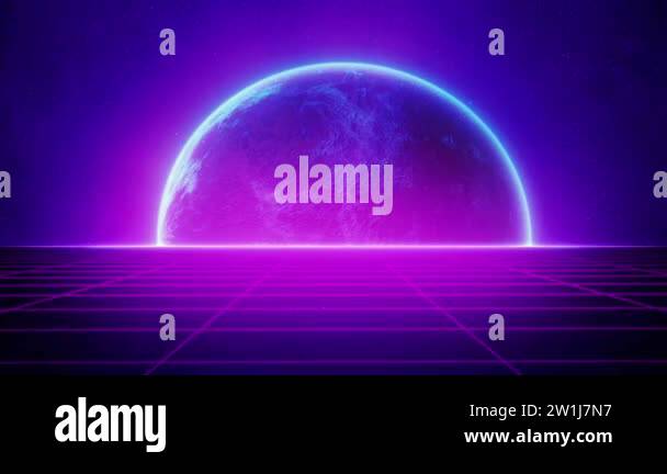 80s Retro Futuristic Blue Glowing Planet and Purple Grid. Seamlessly ...