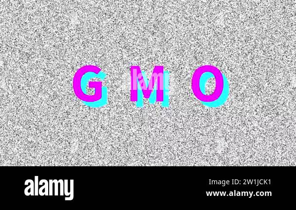 GMO. Word about food problem on noisy old screen. Looping VHS ...