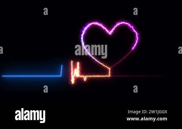 Rhythm heart beat line symbol rainbow neon light on the black screen ...