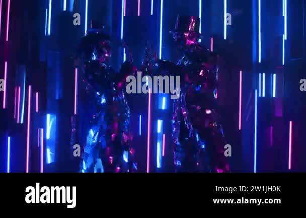 Neon light couple metallic shiny couple dancing together. Modern glass ...