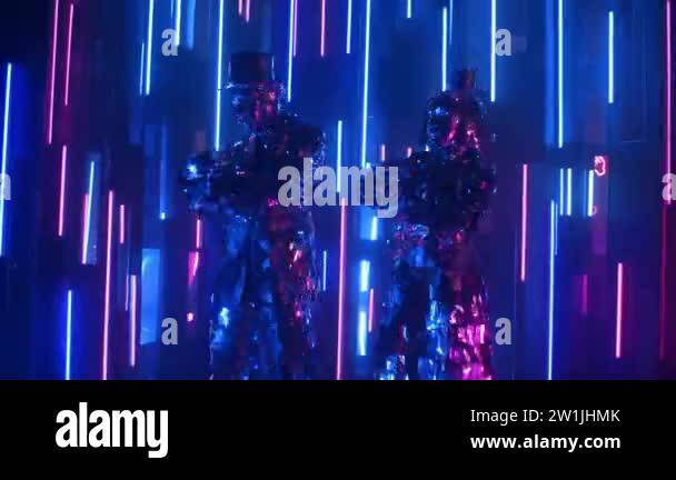 Neon light couple metallic shiny couple dancing together. Modern glass ...