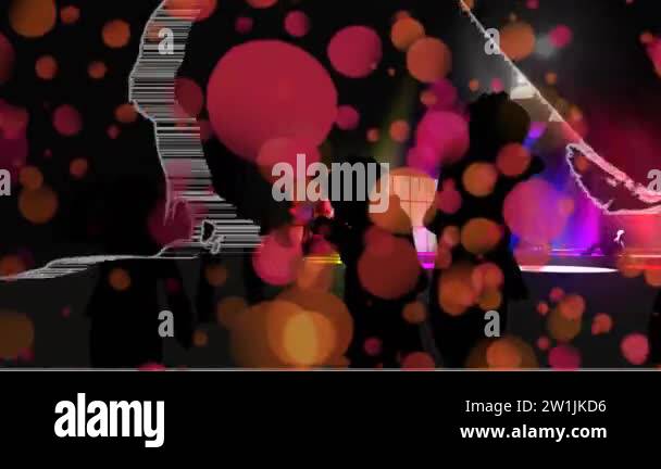 Animation of silhouettes of people dancing at concert with screens and ...