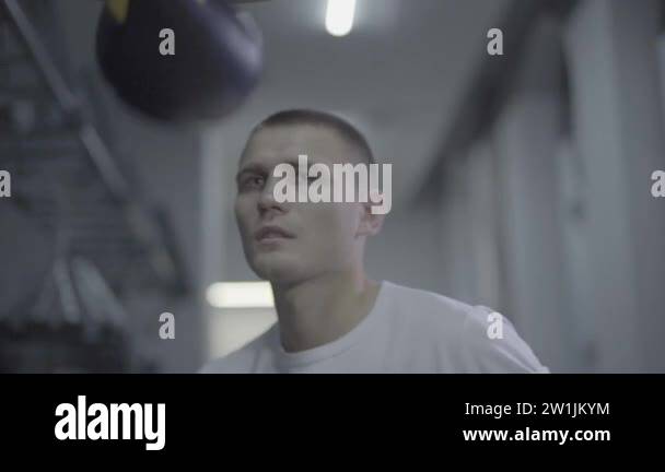 Determined young male athlete fighter boxer punching bag punchball in ...