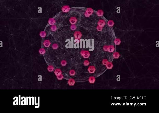 Digital animation of network of pink digital icons over globe of ...