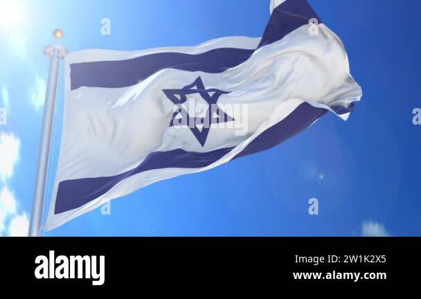 Israel animated flag in the wind with blue sky in the background, green ...