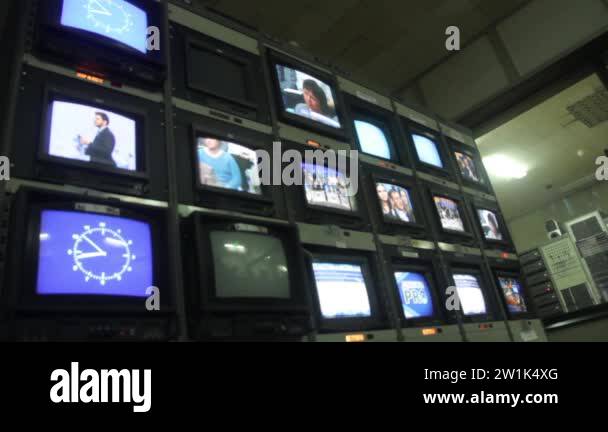 Monitor monitors in TV studio during tv ether. Control room Stock Video ...