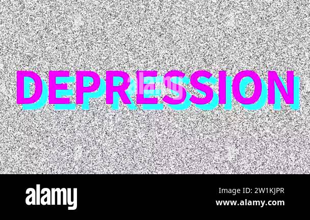 Depression. Word about medicine problem on noisy screen. Looping VHS ...