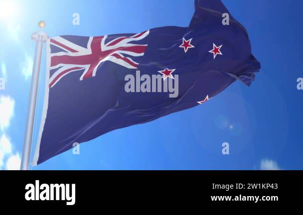 New Zealand animated flag in the wind with blue sky in the background ...