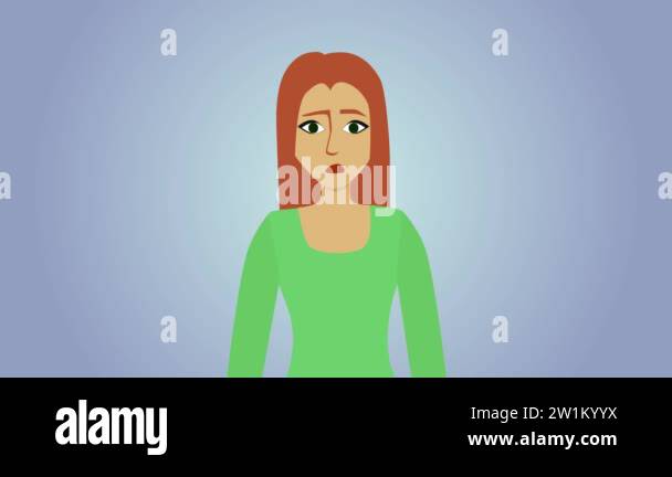 2D animation, sad Caucasian woman at blue grey background. Red circles ...