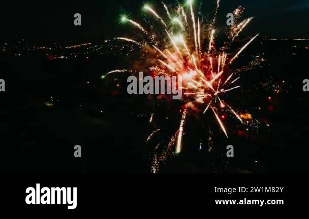 Fireworks in the City Sky. Aerial Drone Scene. City Night Lights. The ...