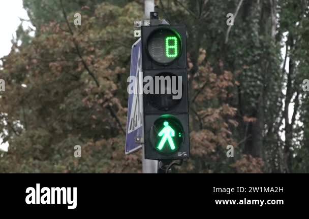 Blinking and changing color traffic light. a green arrow lights up to ...