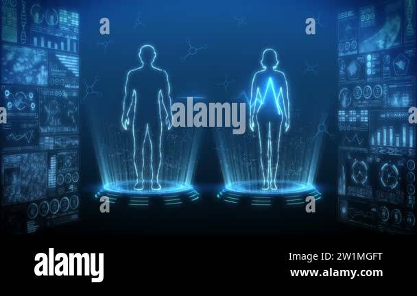 Man and woman virtual body. Human medical hologram animation. Graph ...
