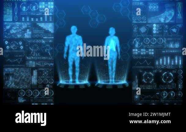 Man and woman virtual body. Human medical hologram animation. Graph ...