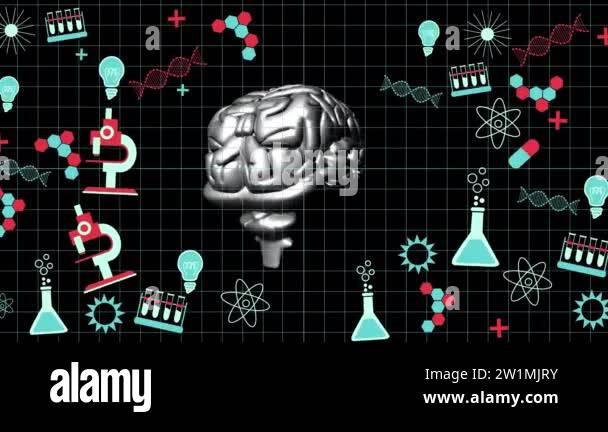 Animation of spinning brain over multiple floating chemical pictograms ...