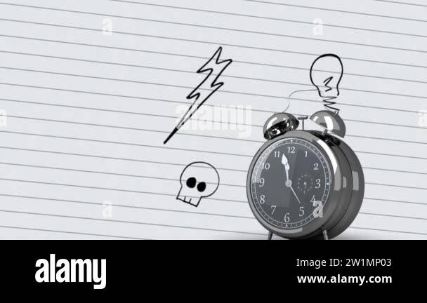 Animation of moving clock over floating drawings on the black ...